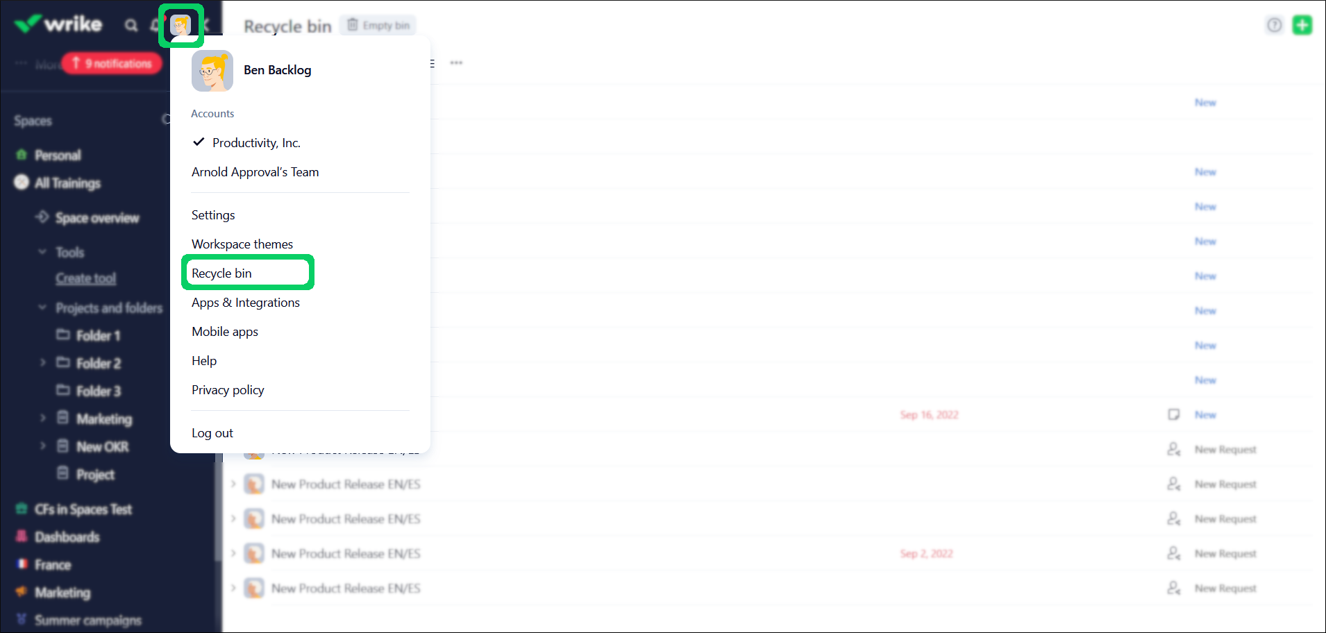 Recycle Bin in Wrike – Wrike Help Center
