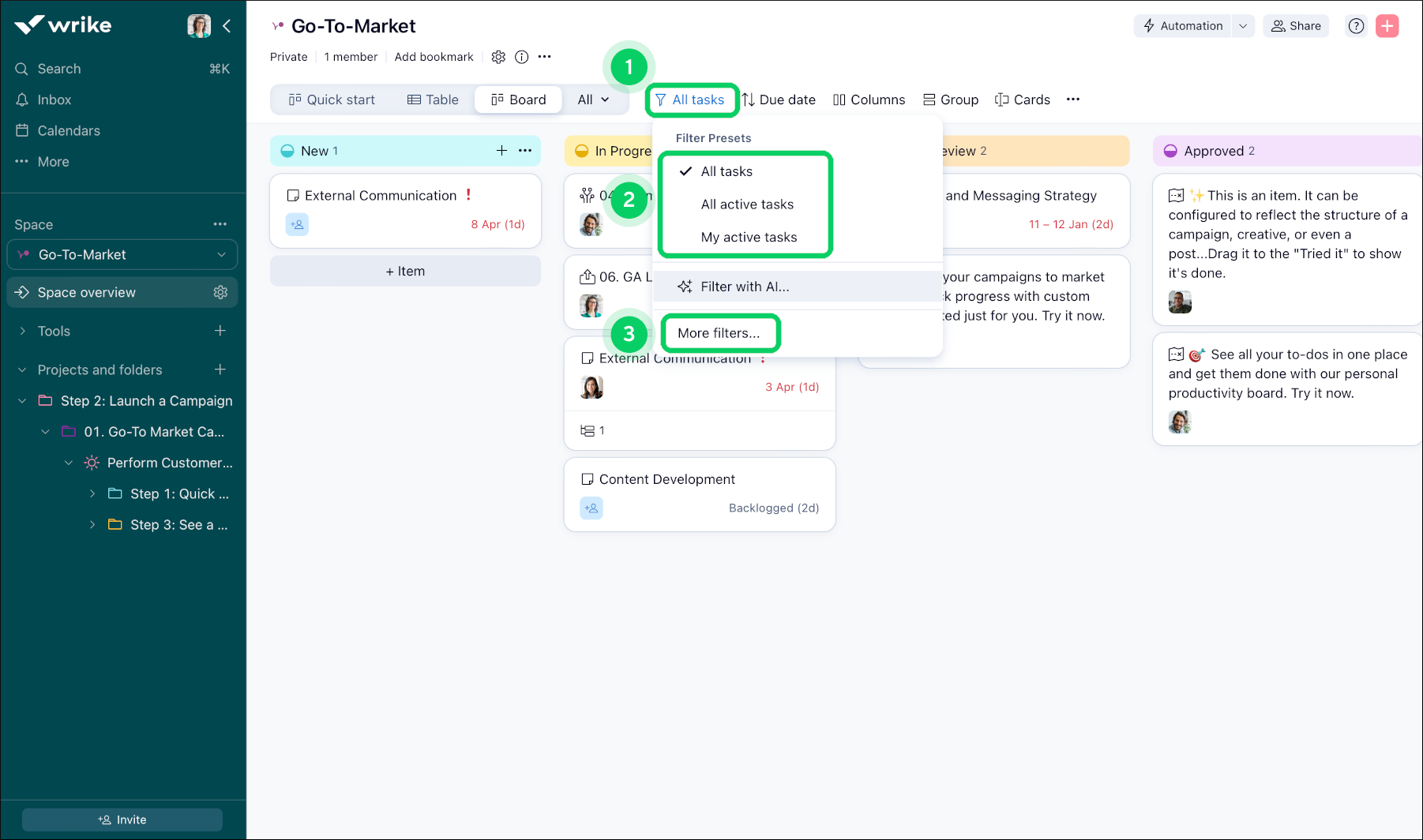 Sorting And Filtering Tasks In Board View Wrike Help Center